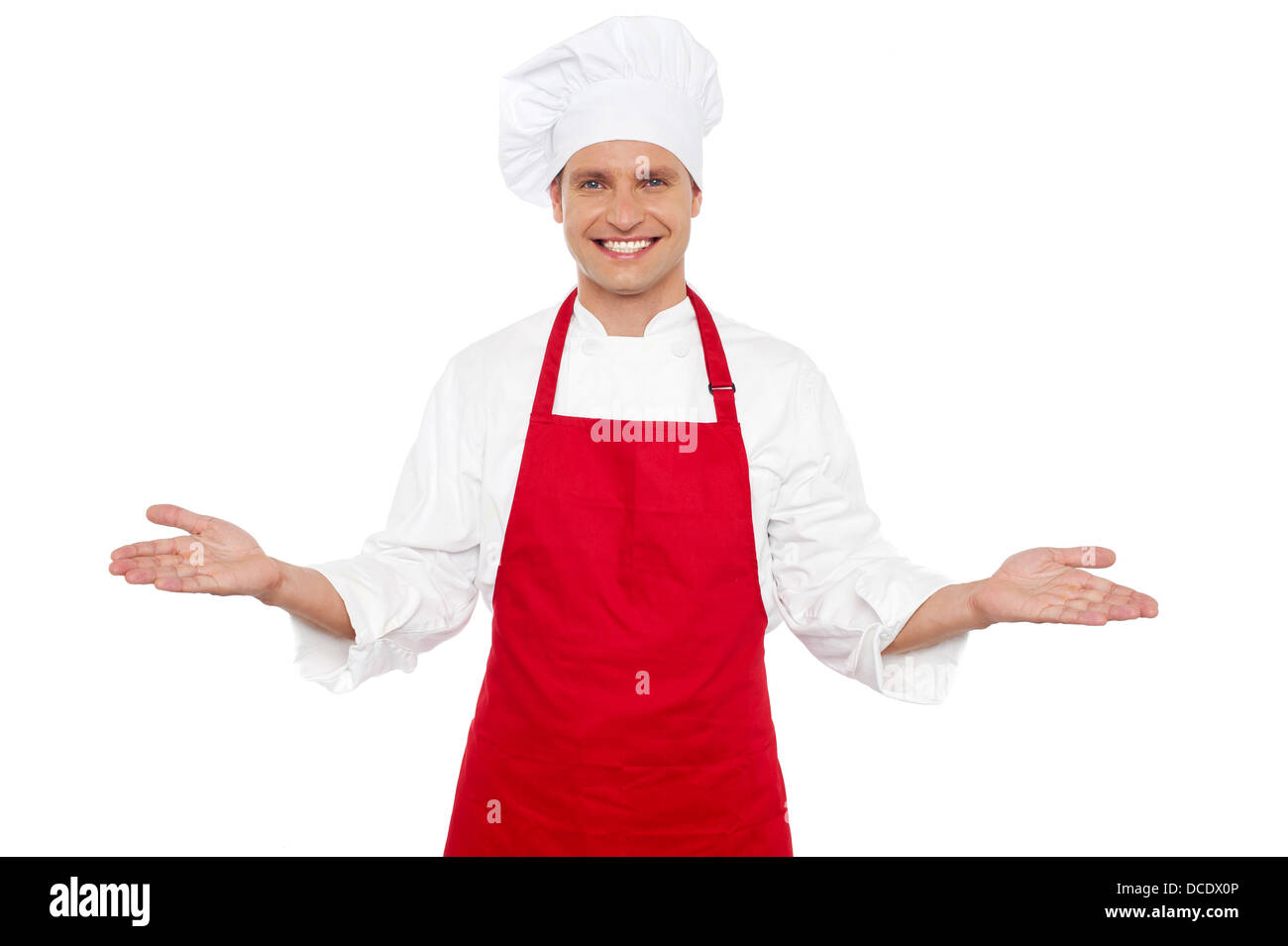 Joyful chef welcoming his guests with wide open arms. All on white ...