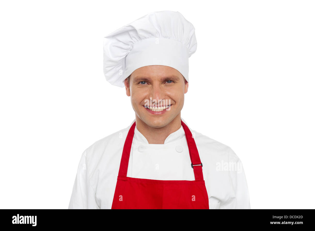 Half length portrait of smiling male chef isolated over white Stock ...