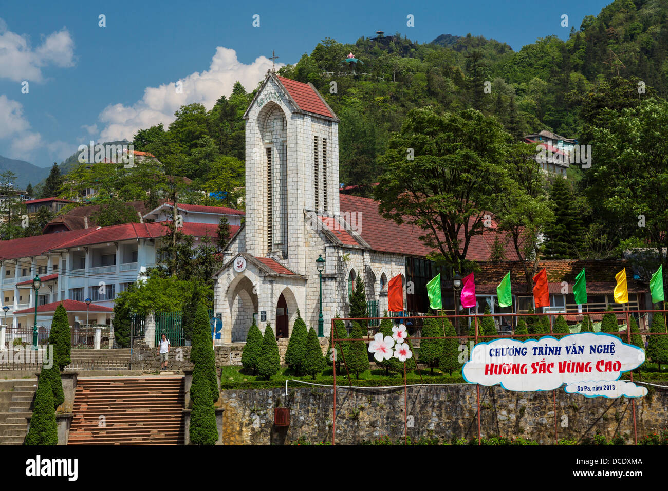 The exterior facade of the Nam Duc Tin Catholic Church in Sapa, Vietnam ...