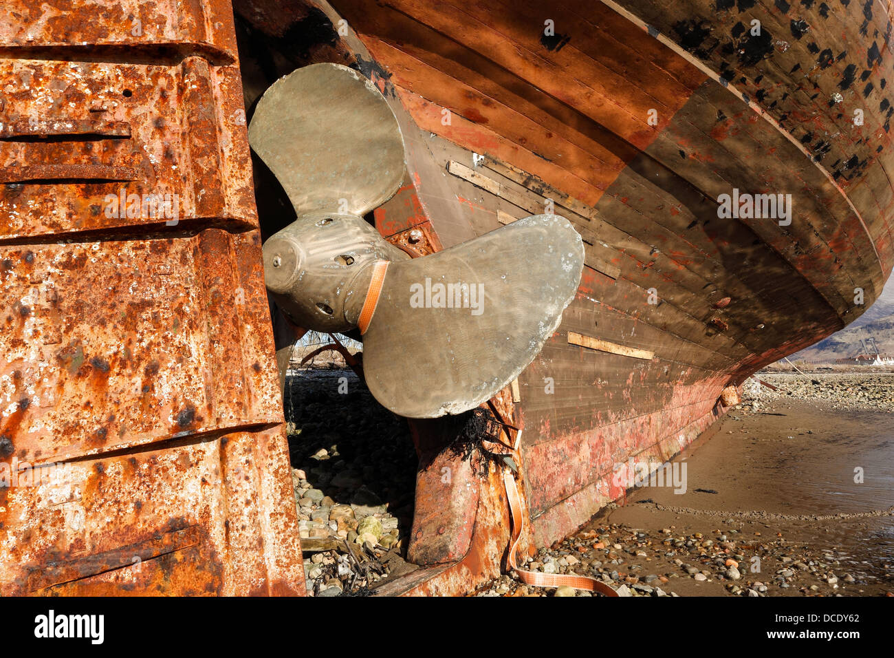 close-up of propeller on beached boat at Corpach near Fort William on ...