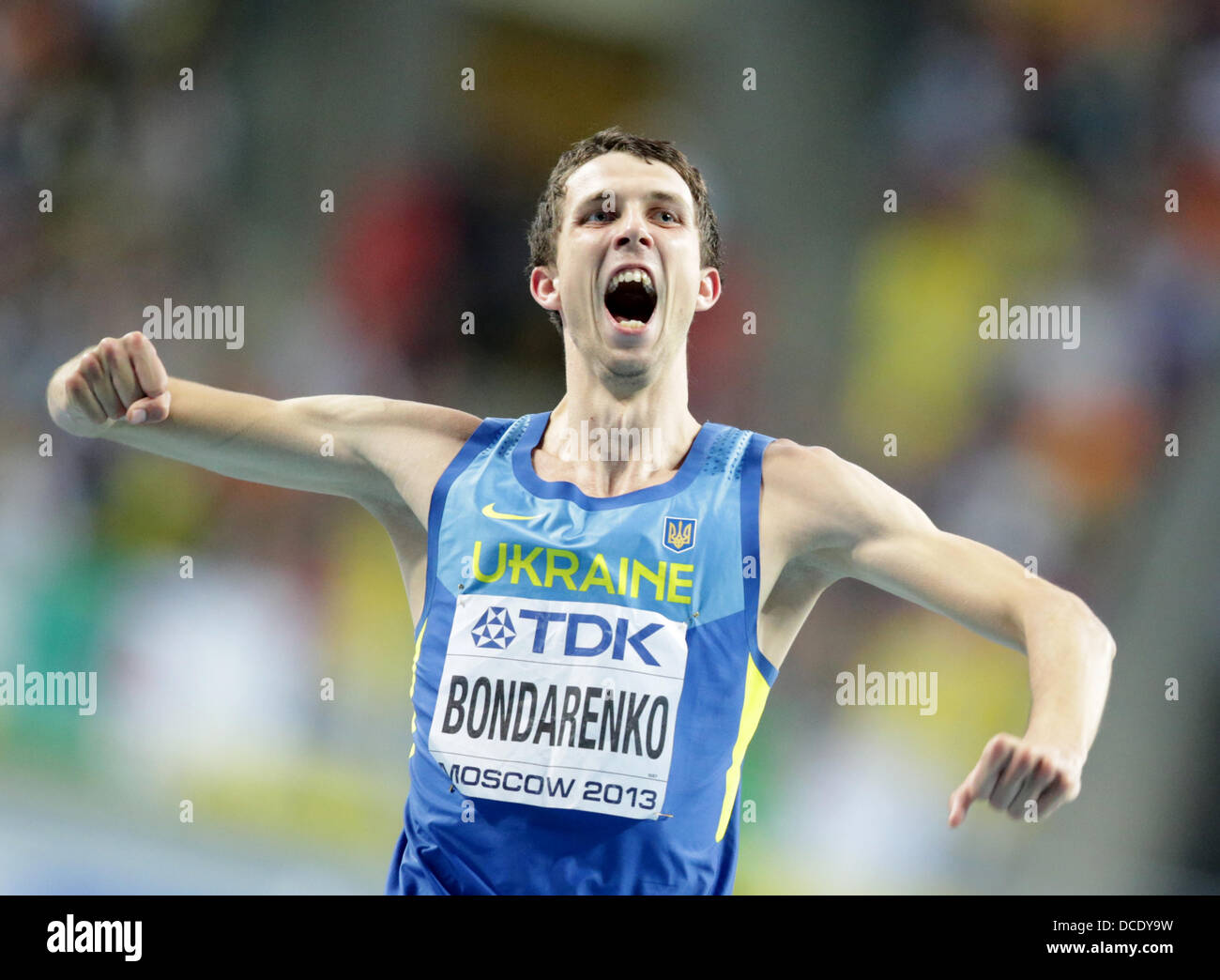Moscow, Russia. 15th Aug, 2013. Bohdan Bondarenko of Ukraine celebrates ...