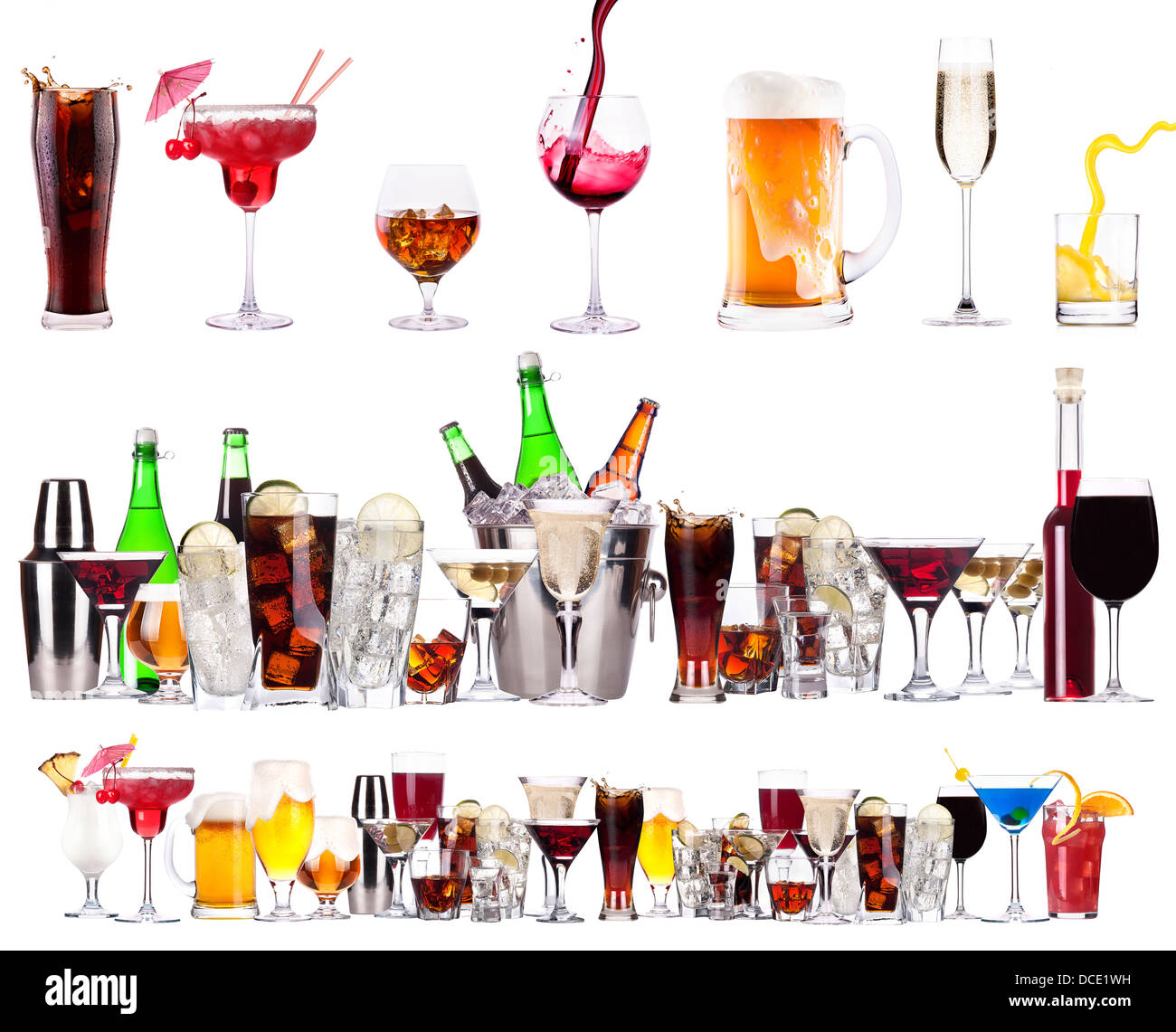 Set of different alcoholic drinks and cocktails - beer,martini,soda ...