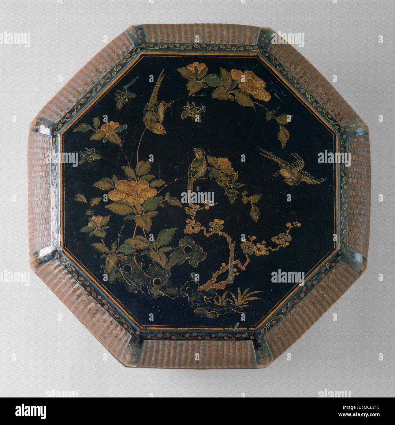 Octagonal Food Box (Bajiao He) with Three Birds, Two Butterflies and ...