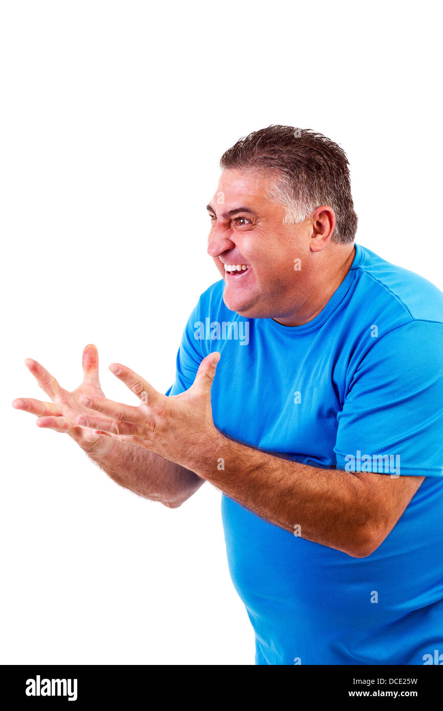 Angry man screaming at something/someone, isolated on white background ...
