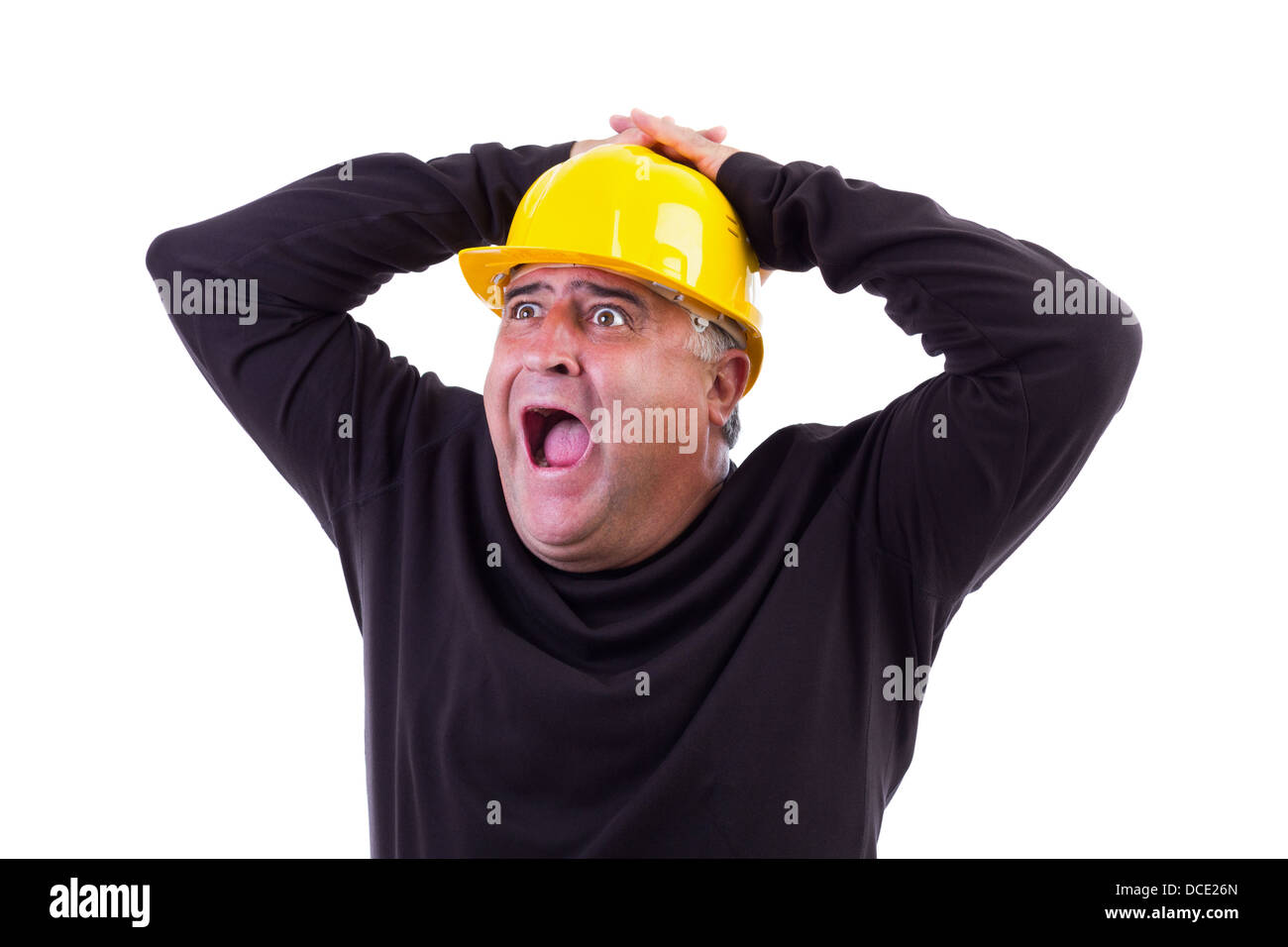 Worker screaming with hands on his head, isolated on white Stock Photo ...