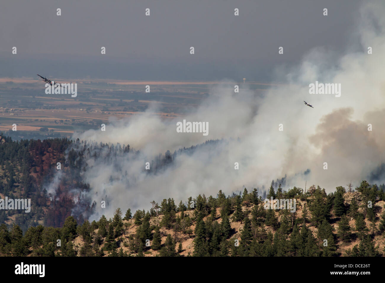 USA, Colorado, Boulder, Flagstaff Fire, Slurry Bomber with Pilot Plane ...