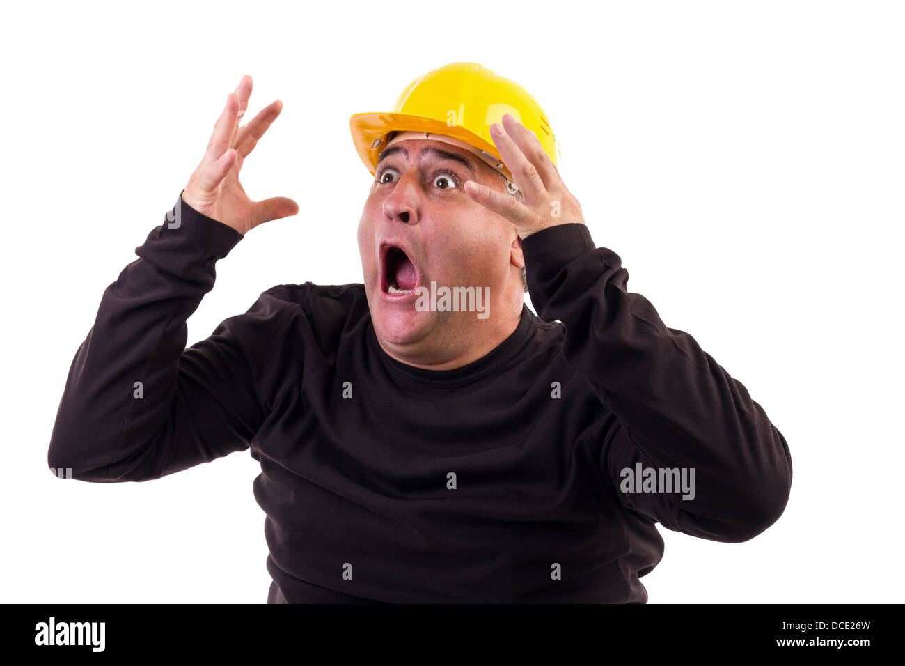 Construction worker screaming in terror, isolated on white Stock Photo ...