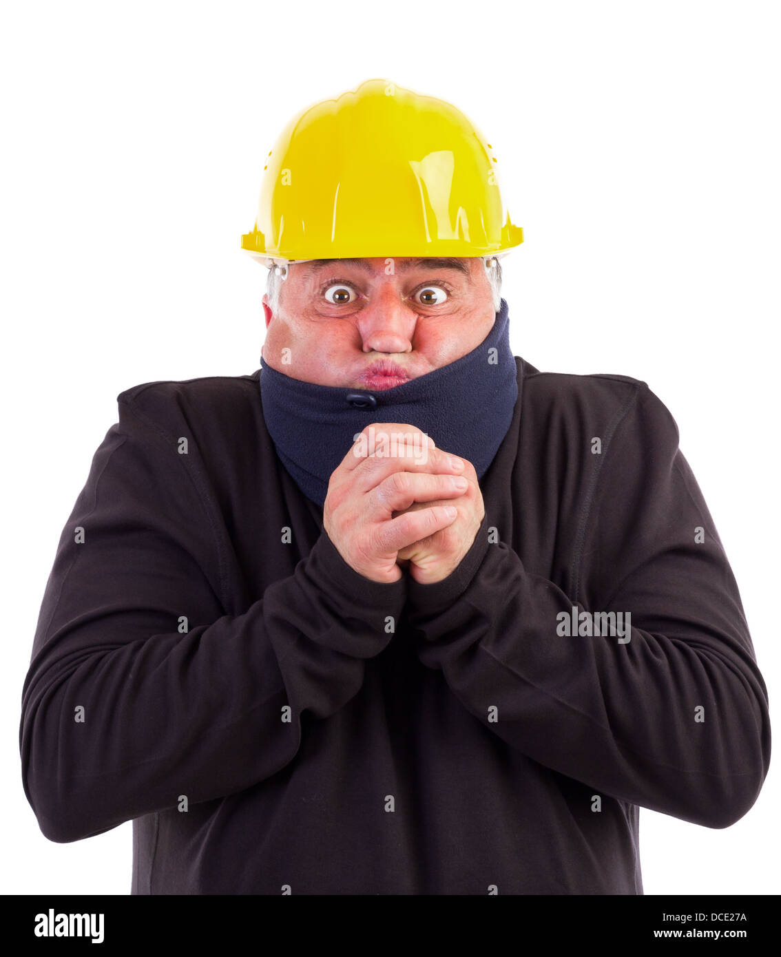 portrait of a worker suffering cold on white background Stock Photo - Alamy