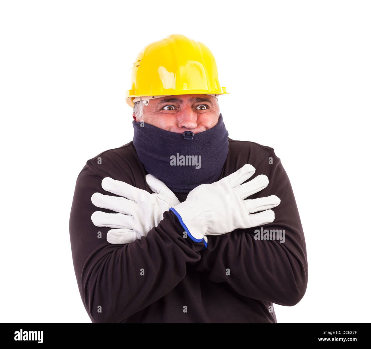 Worker suffering cold with arms crossed isolated on white background ...