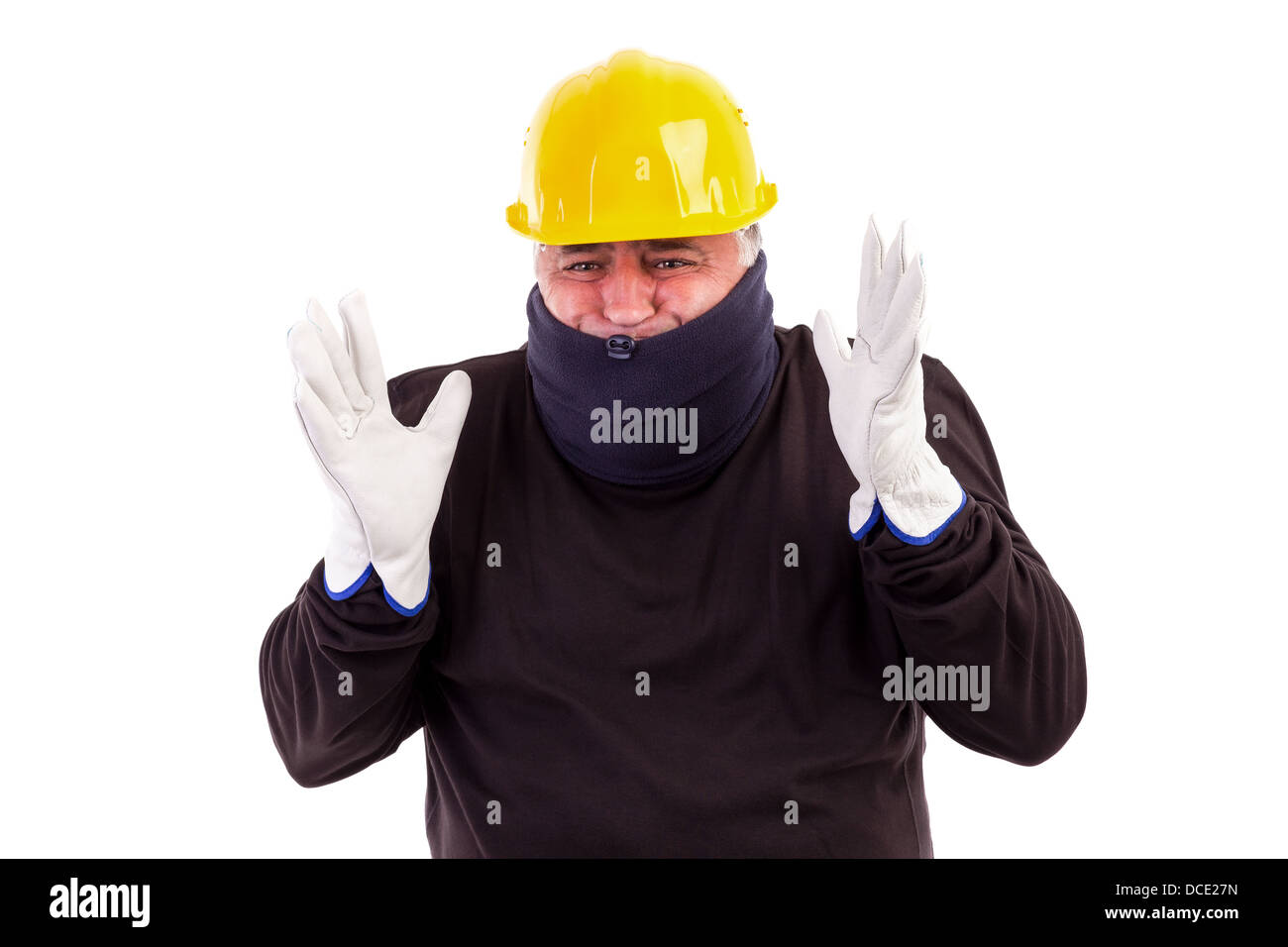Worker suffering cold with arms up isolated on white Stock Photo - Alamy