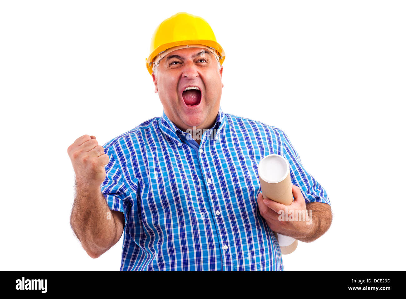 Engineer with hard hat screaming of joy against white background Stock ...