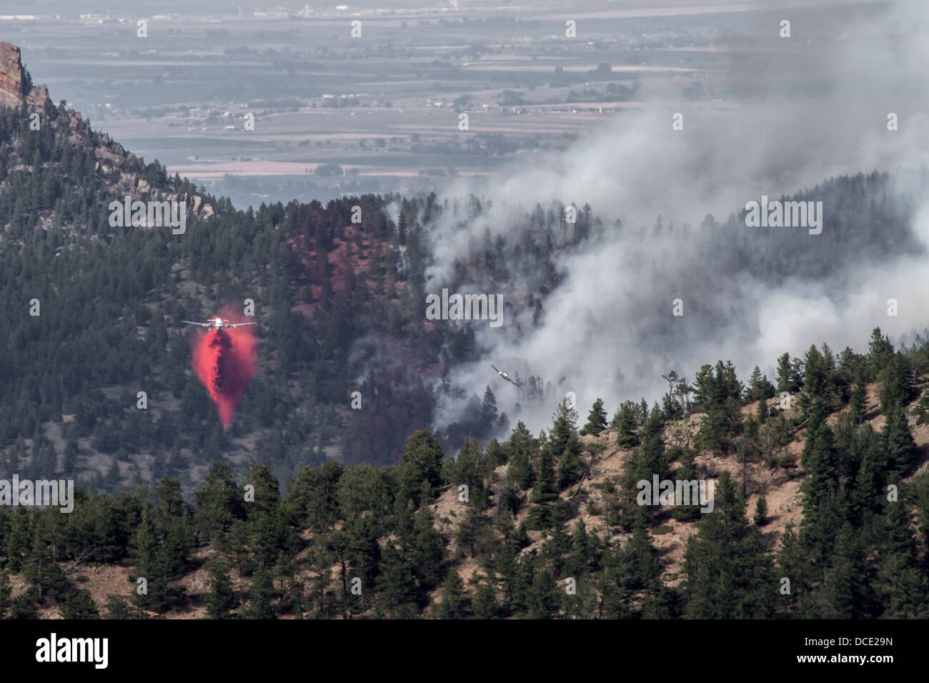 USA, Colorado, Boulder, Flagstaff Fire, Pilot Plane with Slurry Bomber ...