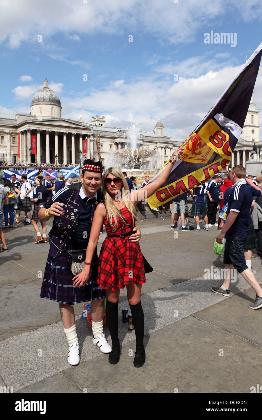 London, UK. 14th Aug, 2013. Scottish football fans at Trafalgar Square ...