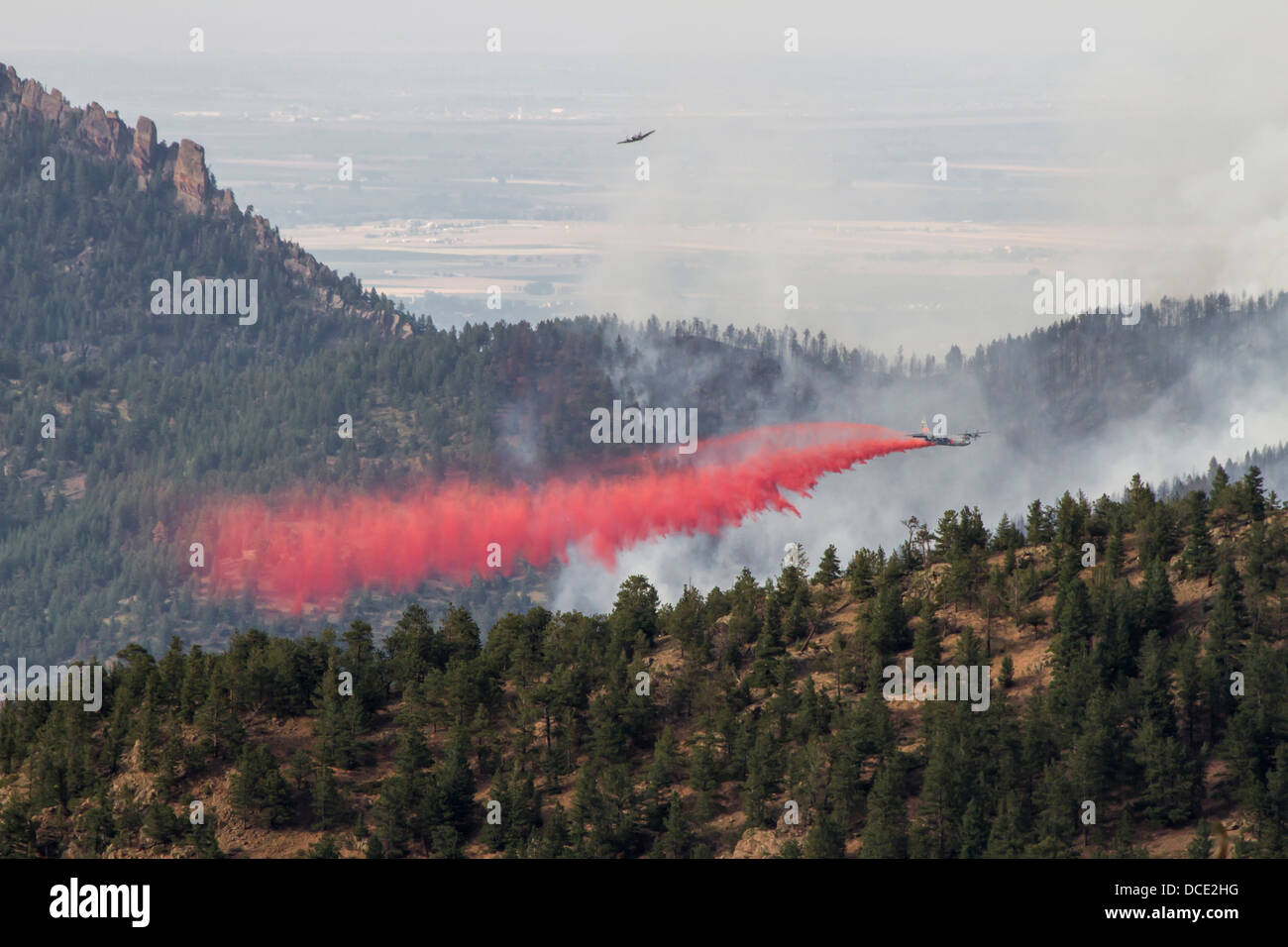 USA, Colorado, Boulder, Flagstaff Fire, Pilot Plane with Slurry Bomber ...