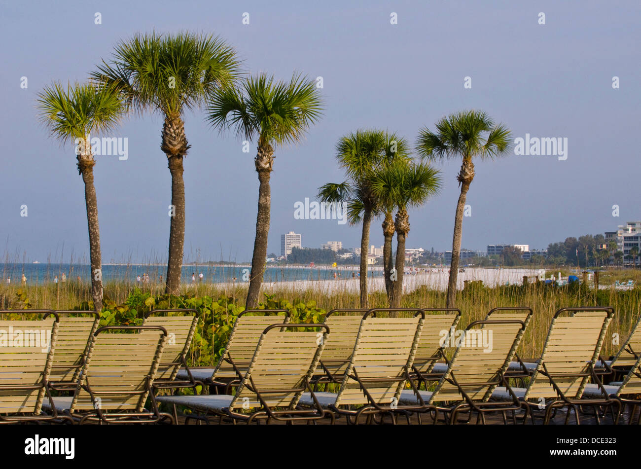 USA, Florida, Sarasota, Crescent Beach, Siesta Key, lounge Chairs on ...