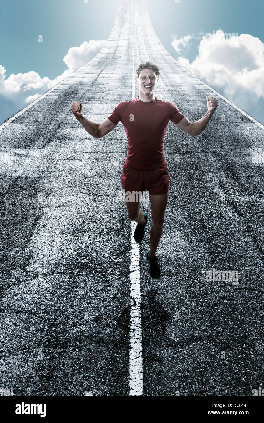 Digital Composite Of A Man Running Down A Wet Road With Sunlight ...