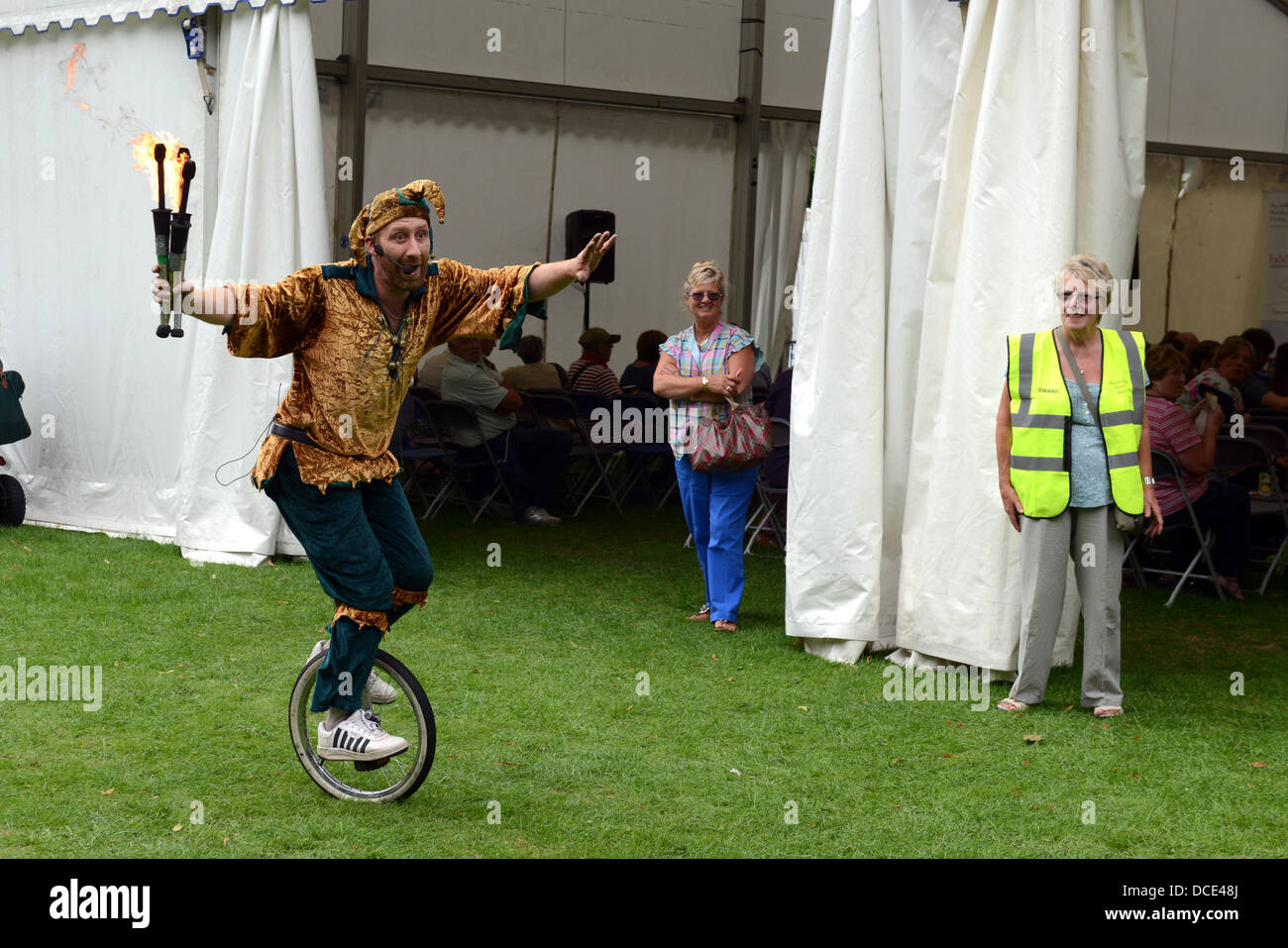 Jester on unicycle at Shrewsbury Flower Show 2013 Stock Photo - Alamy