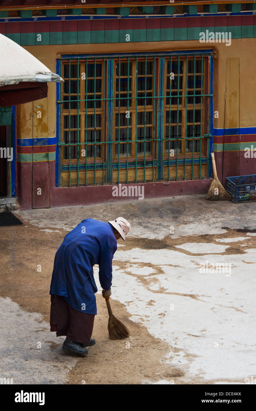 Sweeping ground at Drepung Monastery; Lhasa, Tibet, Xizang, China Stock ...