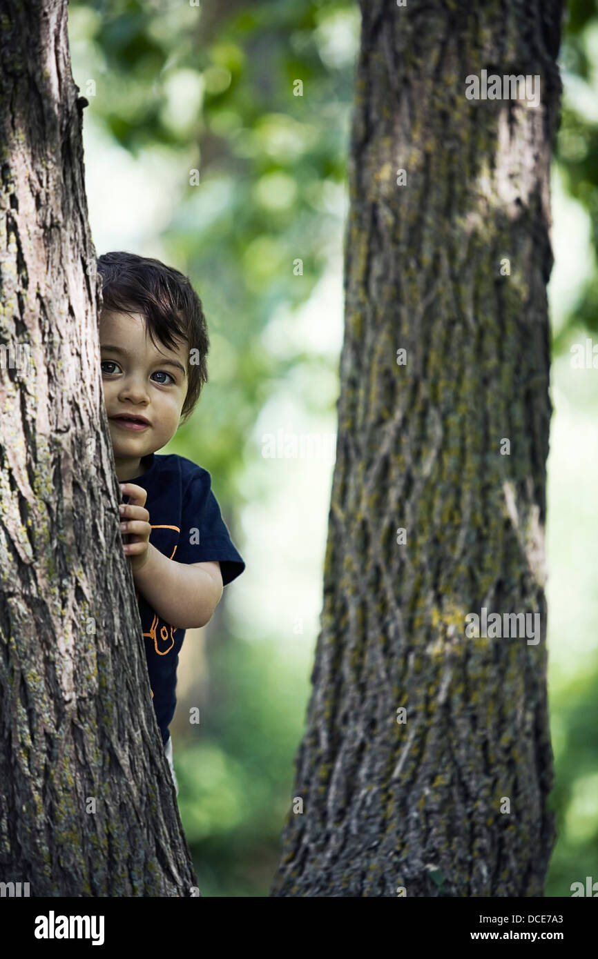 Young Boy Peeking Out From Behind Tree Stock Photo - Alamy
