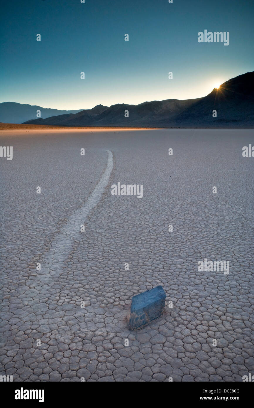 Tracks left by mysterious moving rocks on the dried flat mud at the ...