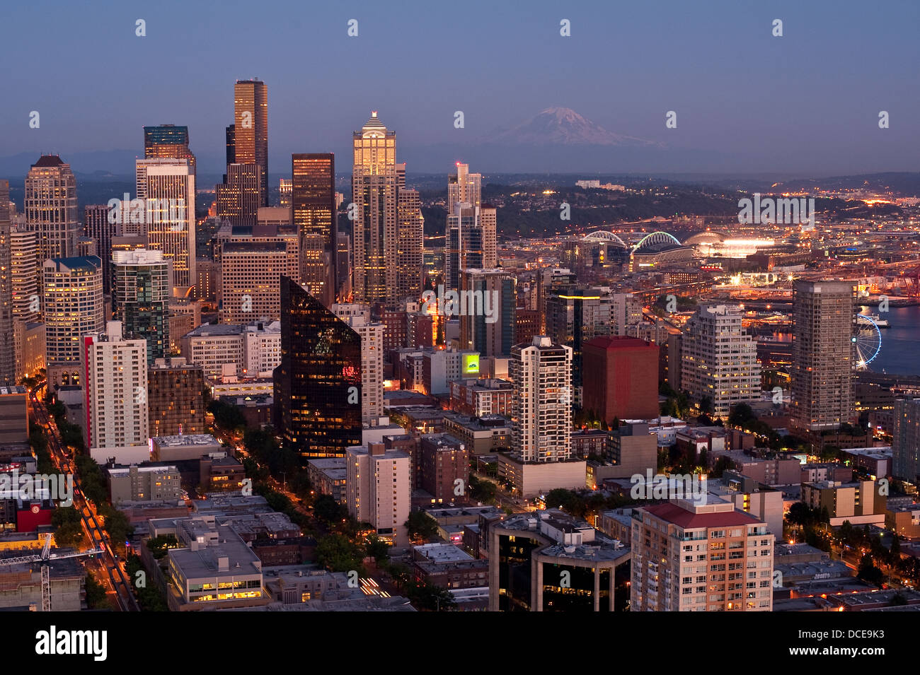 Retro image of Seattle with city lights and downtown Stock Photo - Alamy