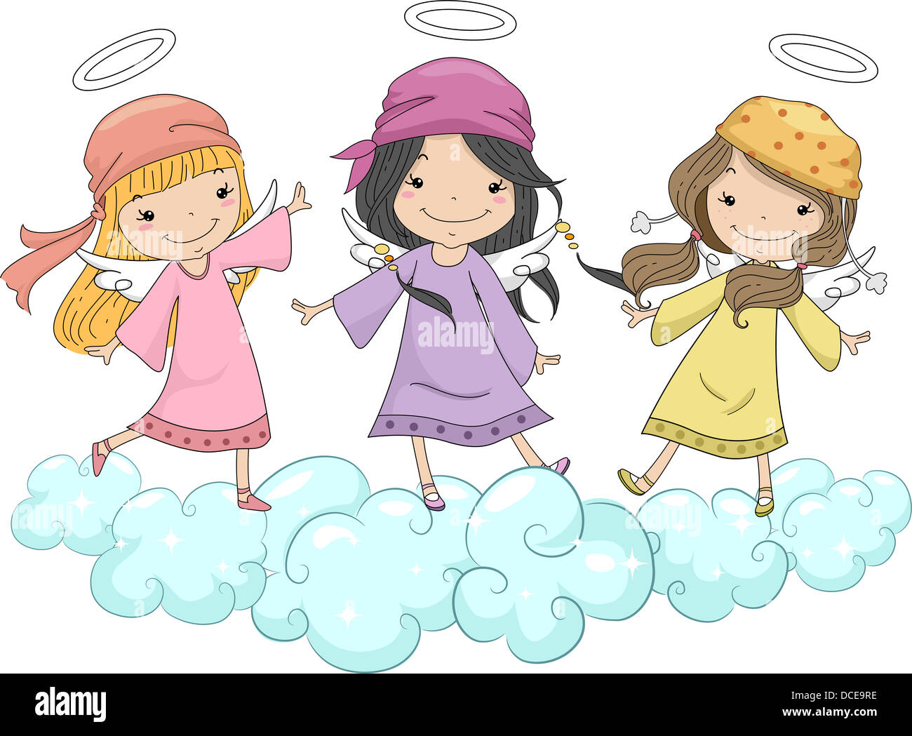 Illustration of Three Girl Angels with Head Scarves Standing on Clouds ...
