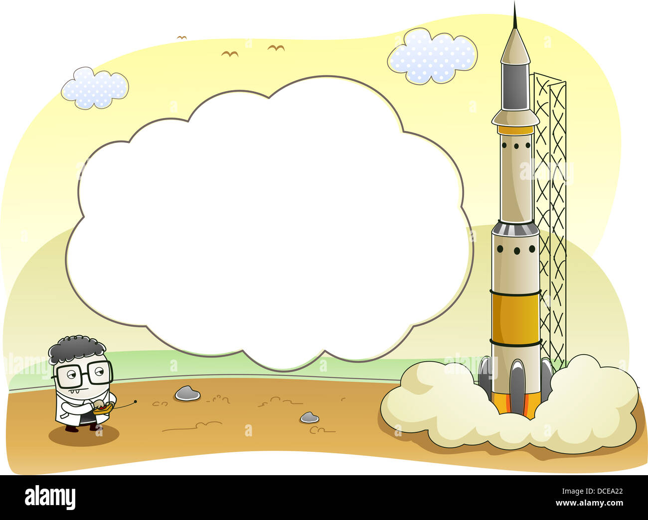 Background Illustration of Scientist Launching a Rocketship with Cloud ...