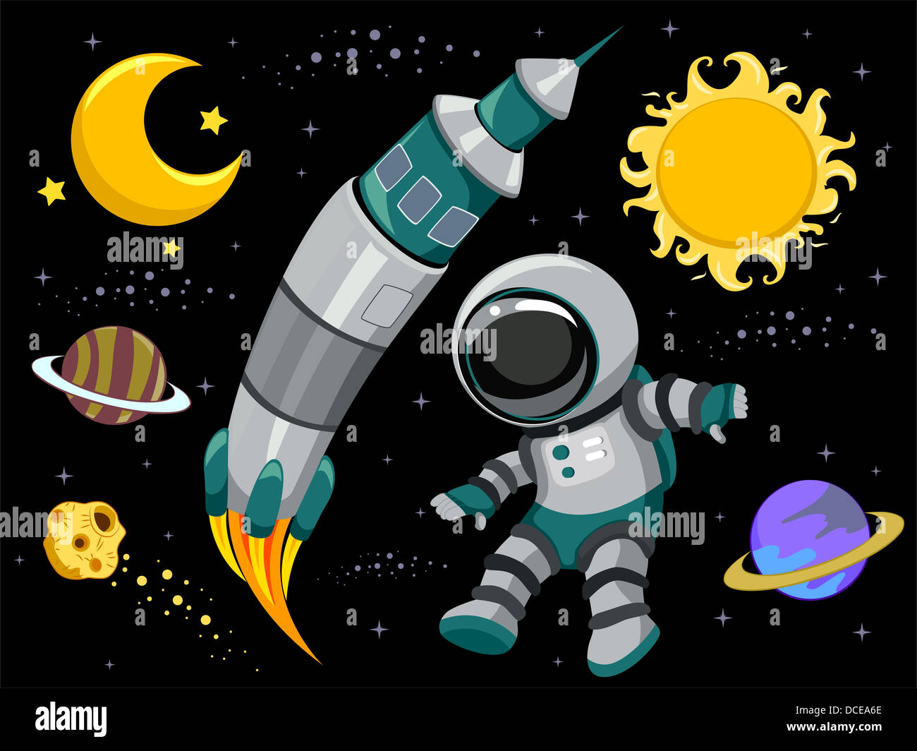 Illustration of Outer Space Design Elements on Black Background Stock ...