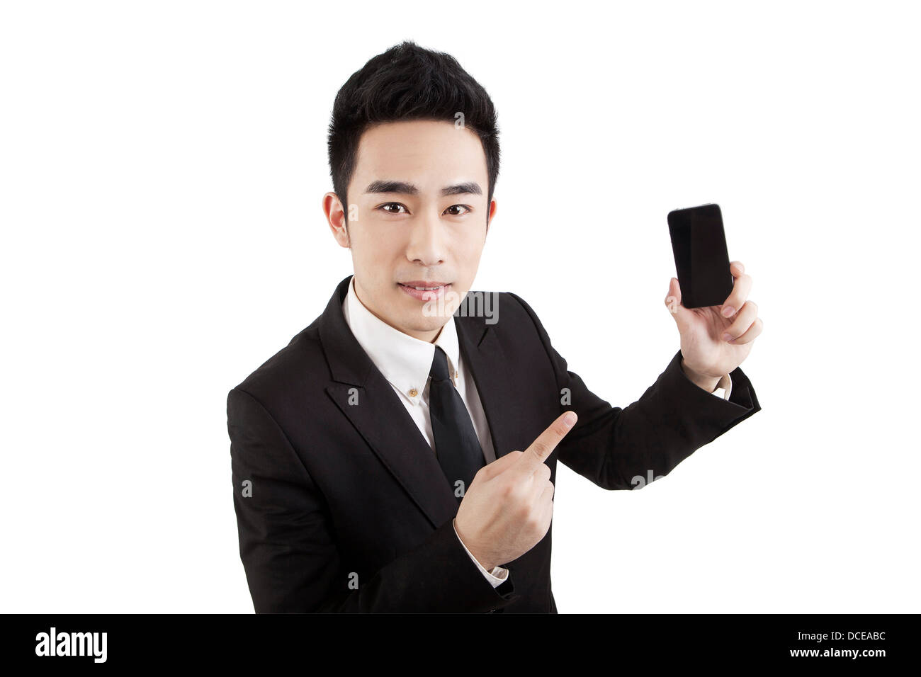 Business man show mobile phone Stock Photo - Alamy
