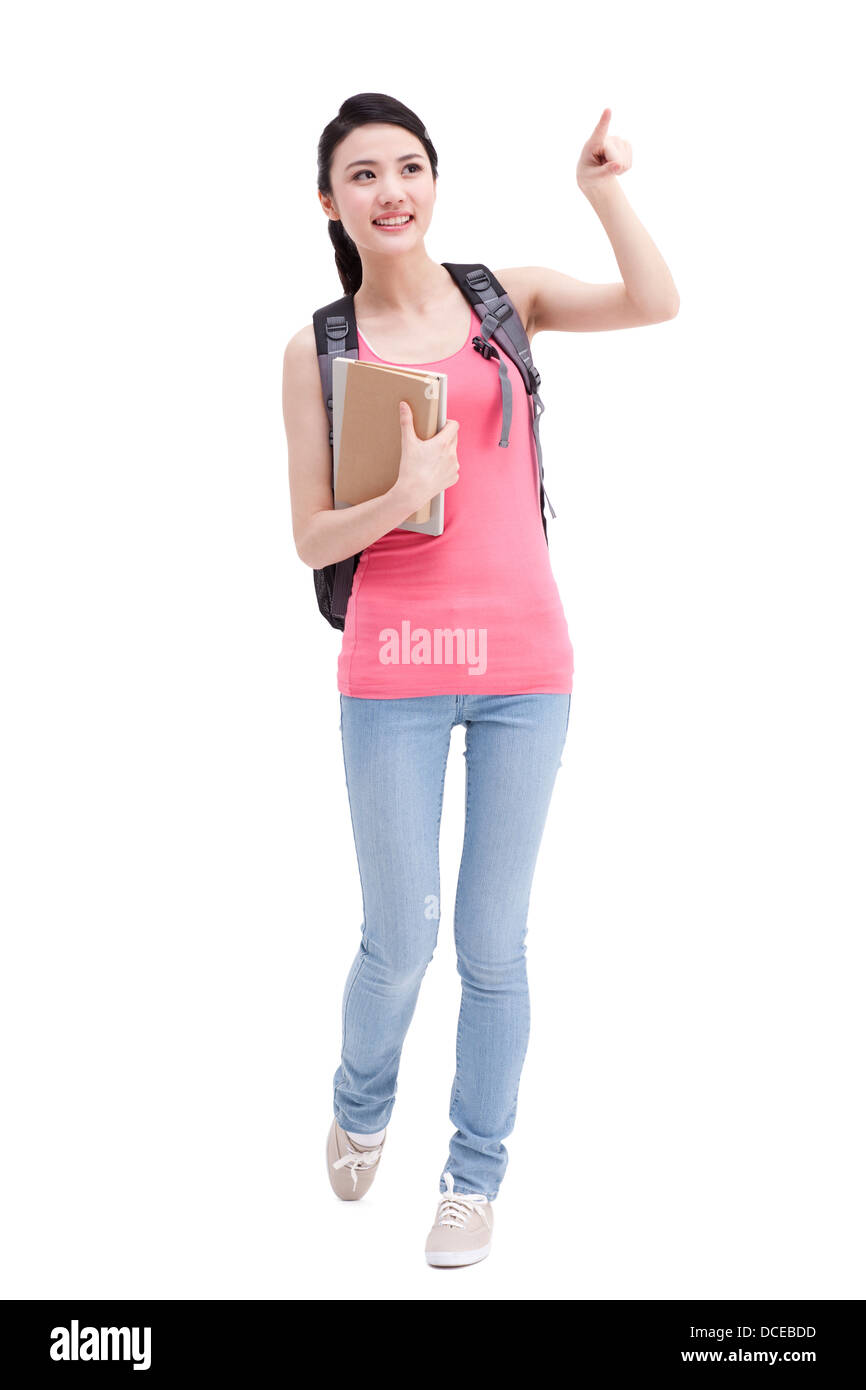 Cheerful college girl pointing Stock Photo - Alamy