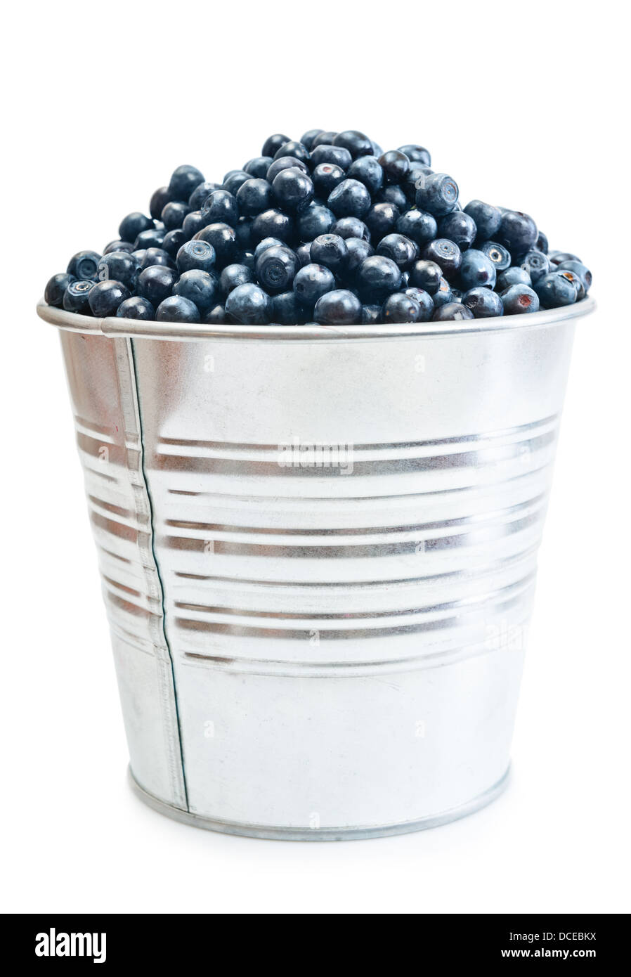 A pail full of freshly picked blueberries. Vertical format isolated on ...