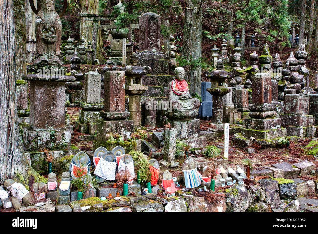 Japan, Mount Koya, Koyasan graveyard, Okunoin, line of Bibbed Jizo ...