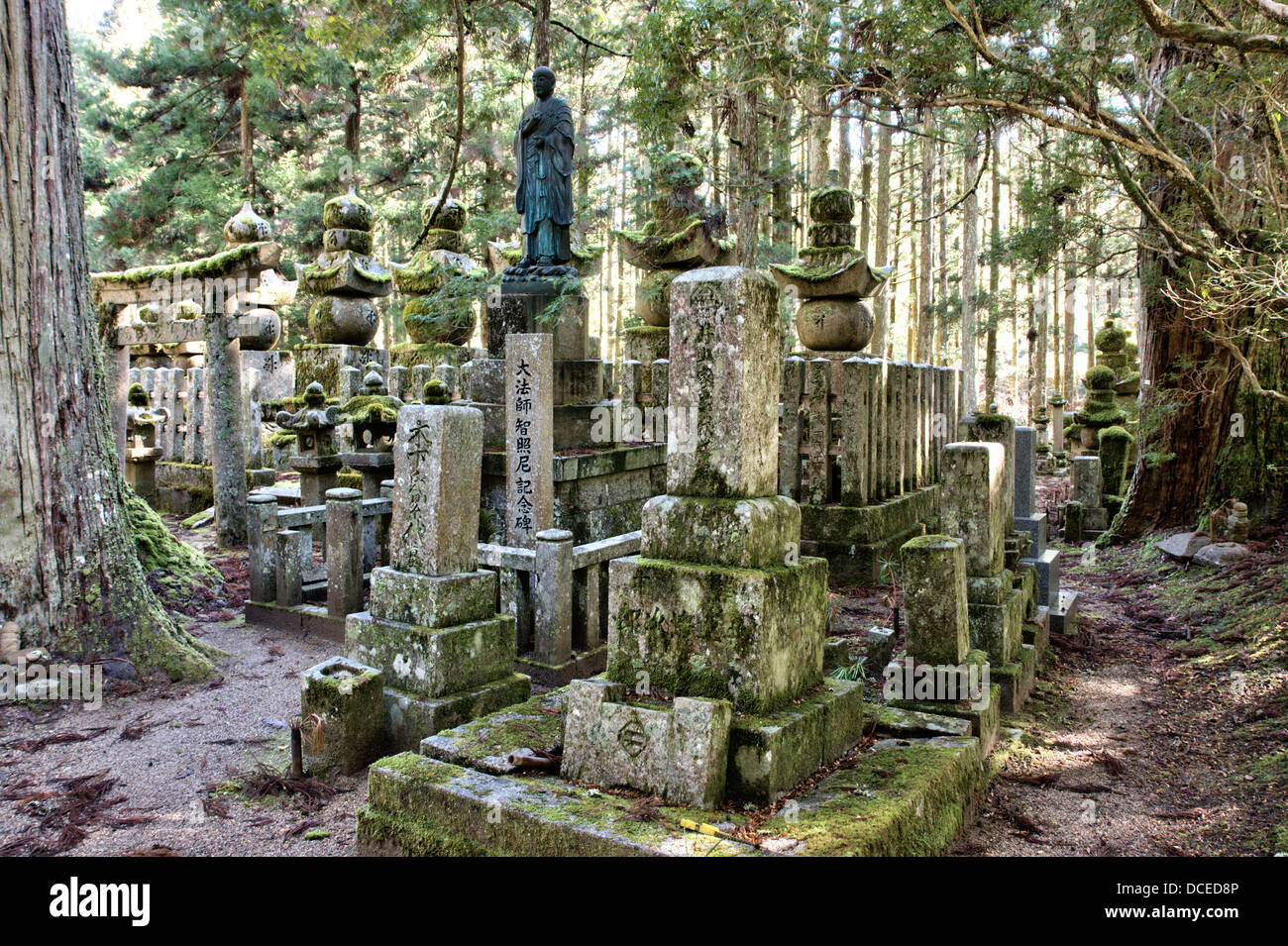 Japan, Mount Koya, Koyasan graveyard, Okunoin, priest statue on large ...