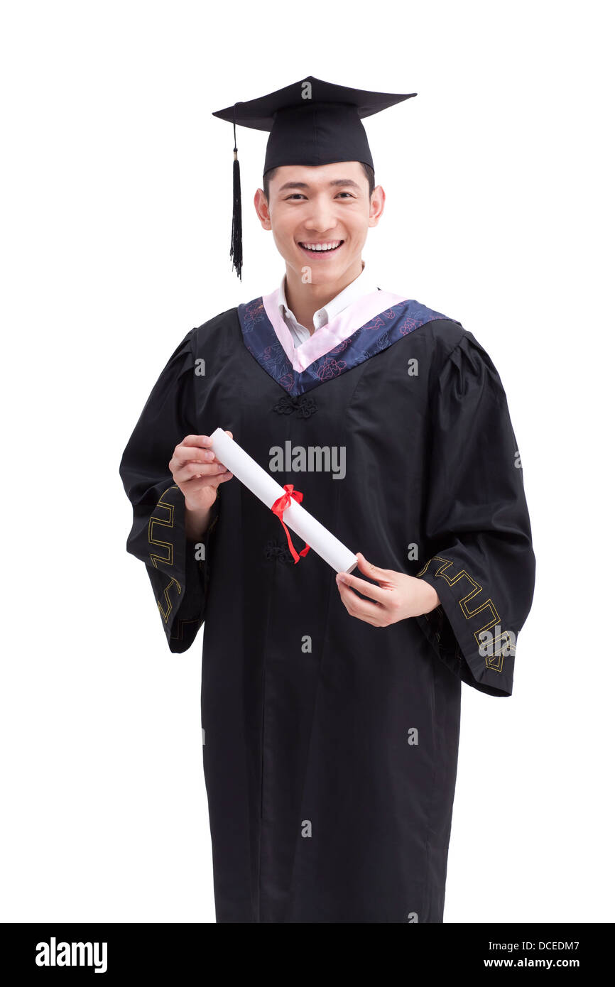 Happy college graduate in graduation gown Stock Photo - Alamy