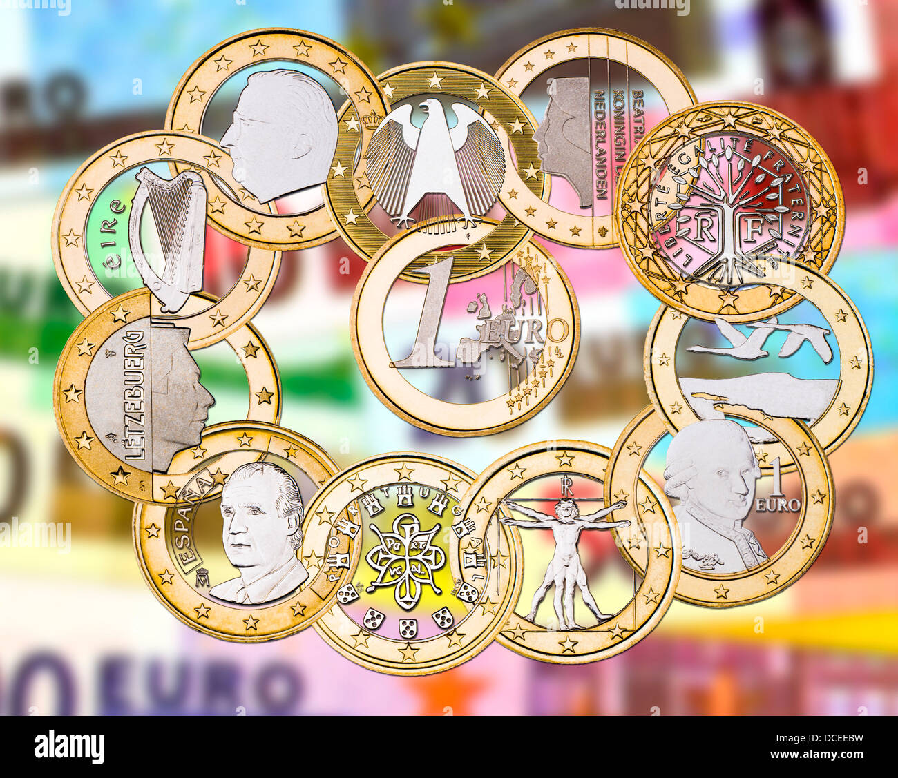 1 Euro coins with details cut out, with background of Euro notes Stock ...