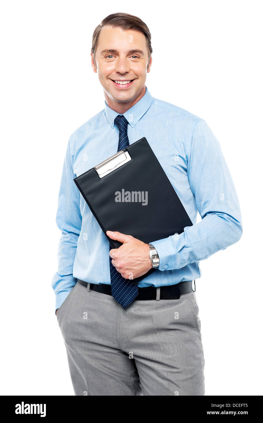 Handsome smiling executive holding clipboard isolated on white ...