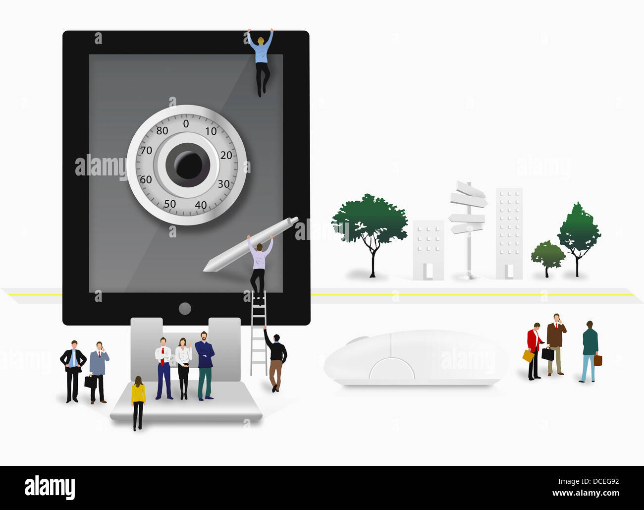 illustration of people standing around tablet PC Stock Photo - Alamy