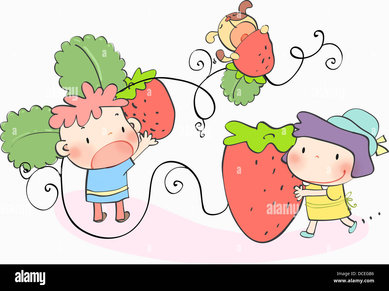 illustration of two kids with strawberry Stock Photo - Alamy
