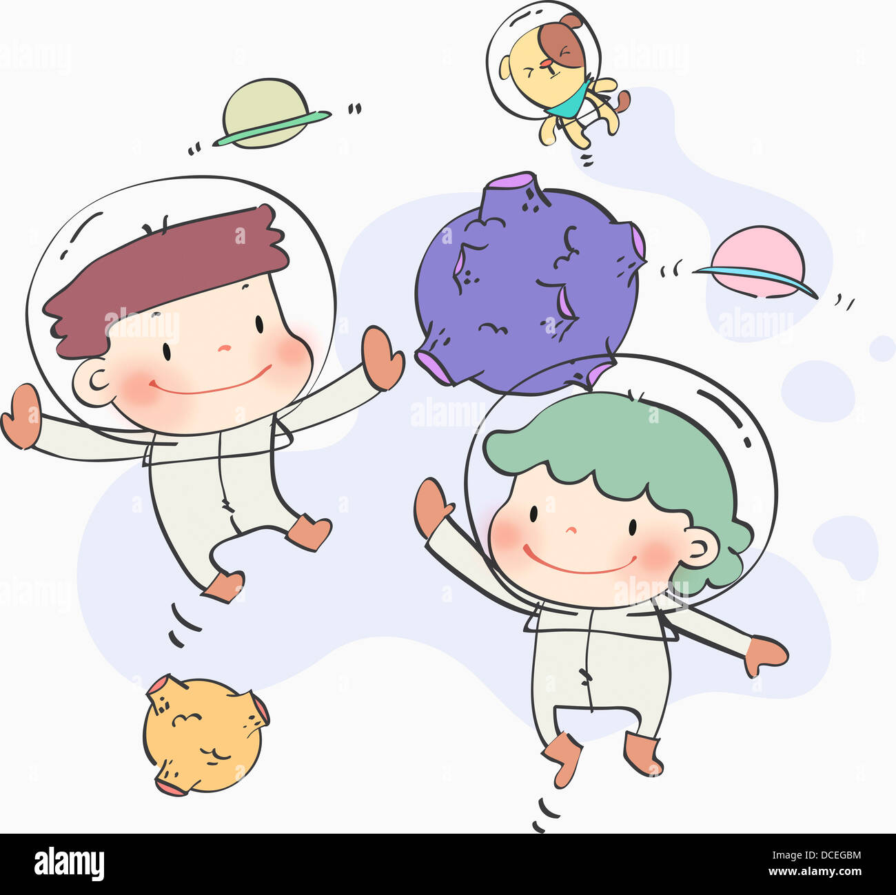 illustration of two kids in the space Stock Photo - Alamy