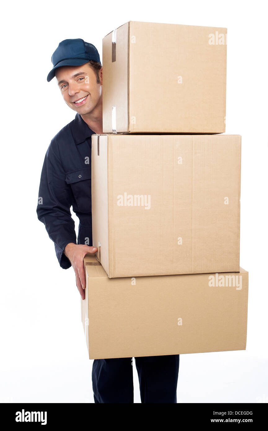 Relocation staff carrying cardboard boxes isolated against white ...