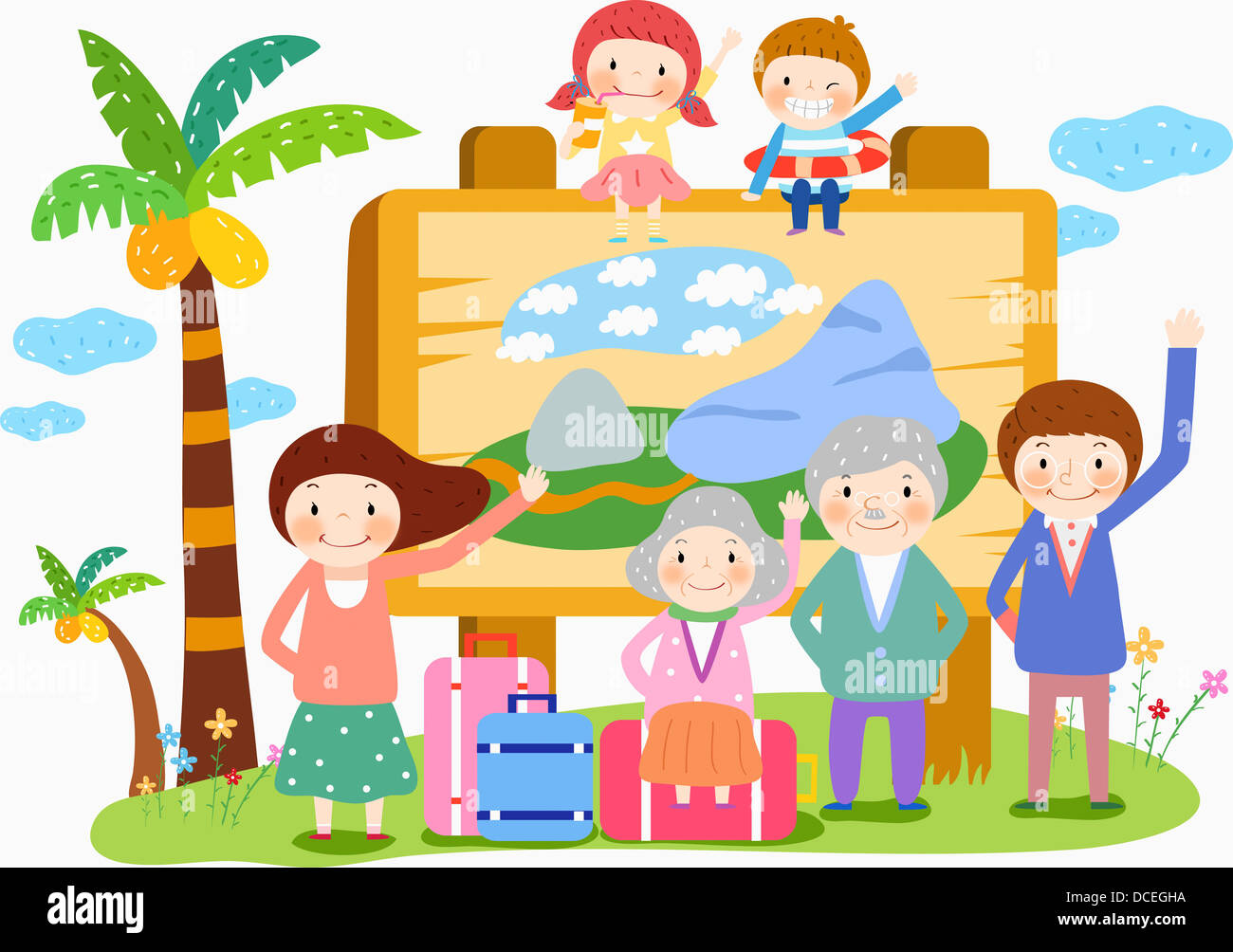 illustration of a family on holiday Stock Photo - Alamy