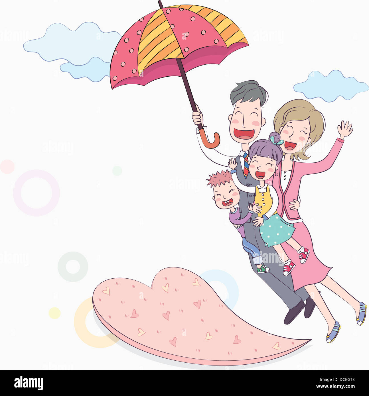 an illustration of a family flying with an umbrella Stock Photo - Alamy