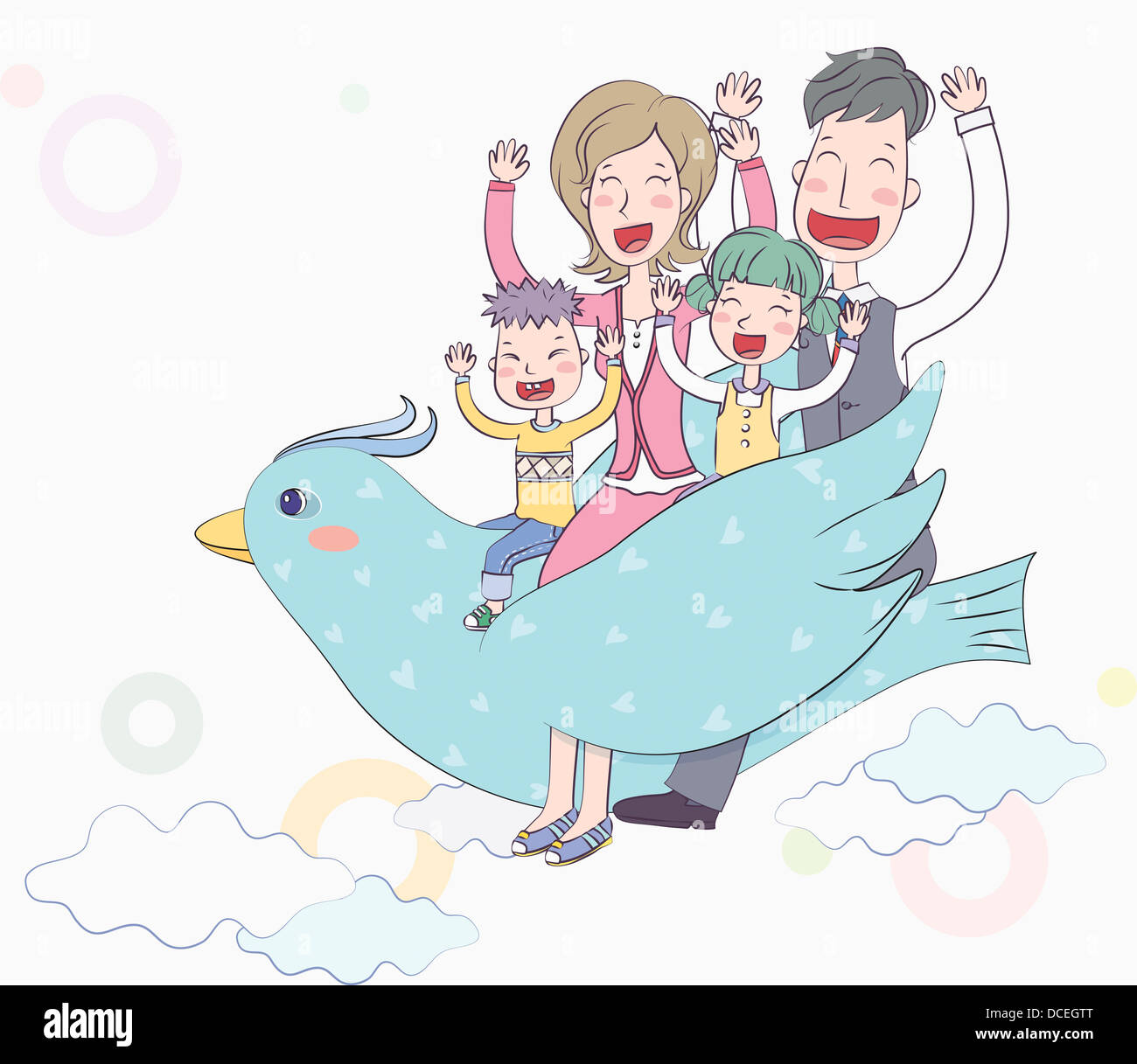 an illustration of a family riding a bird Stock Photo - Alamy