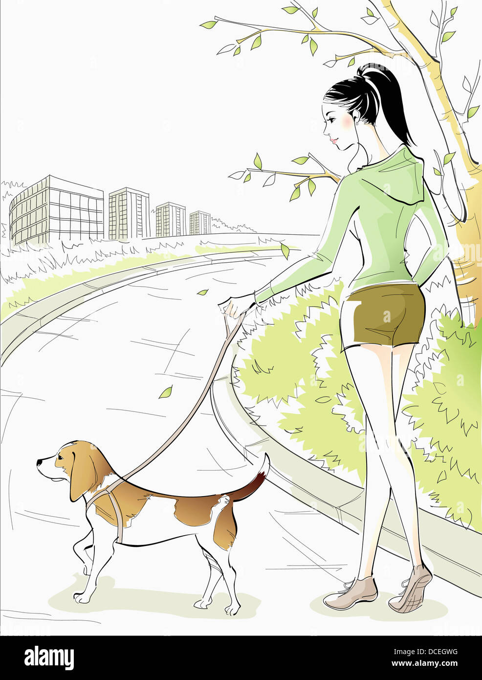 illustration drawing of a lady walking with a dog Stock Photo - Alamy