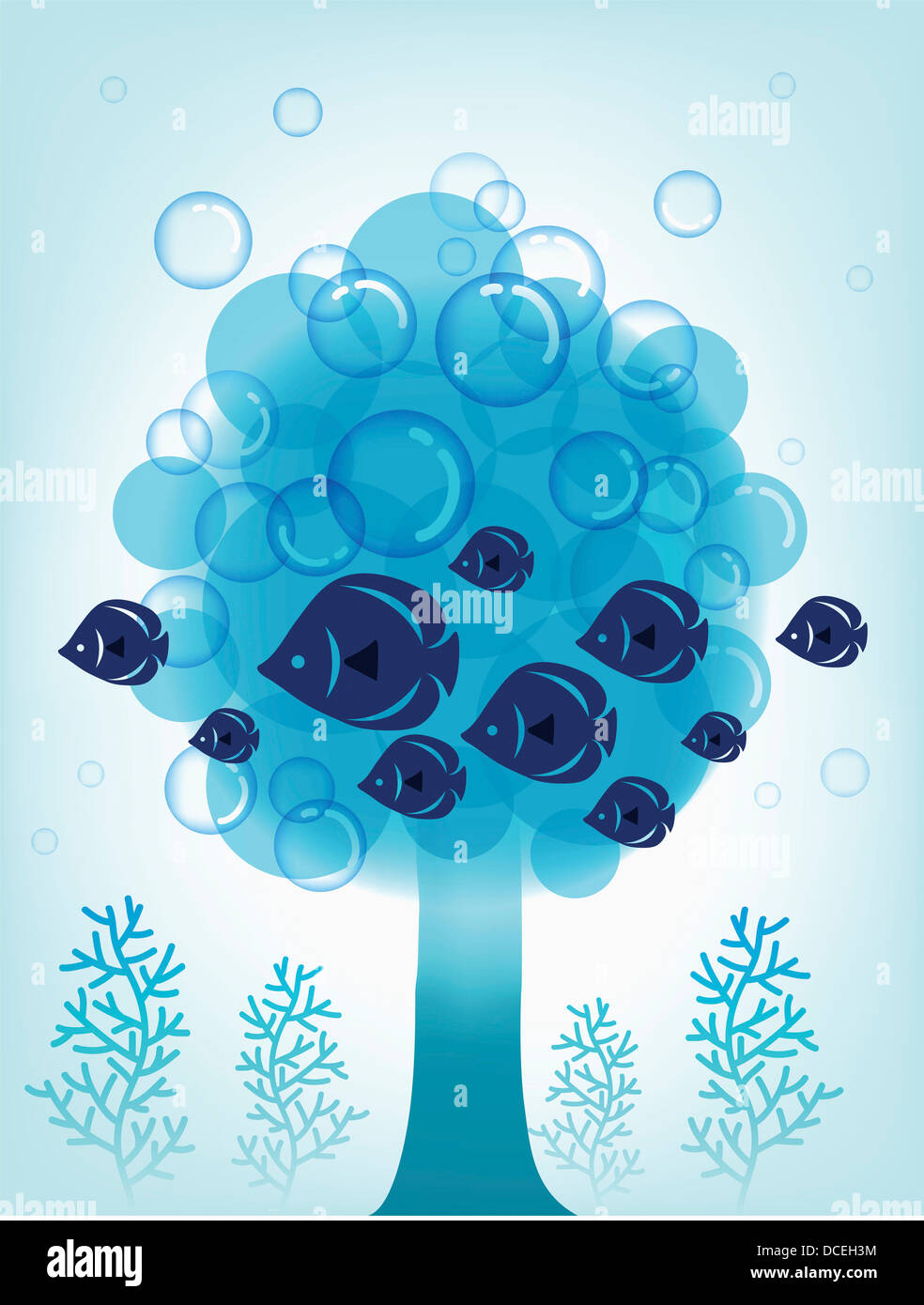 an illustration of a blue tree with fishes Stock Photo - Alamy