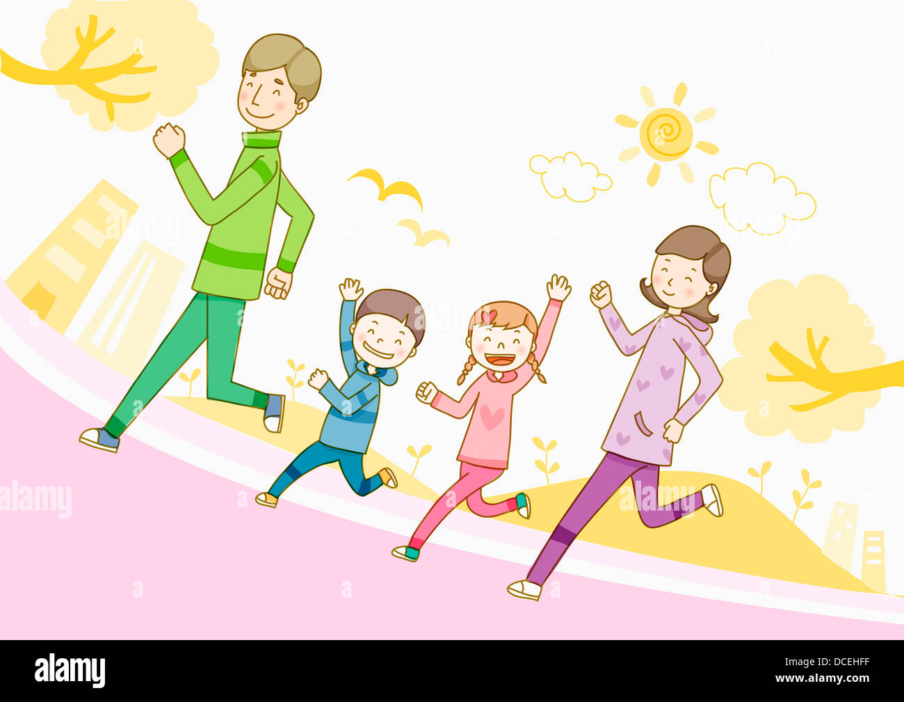 illustration of a family running Stock Photo - Alamy
