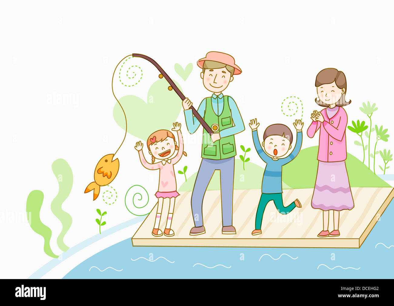 illustration of a family fishing Stock Photo - Alamy