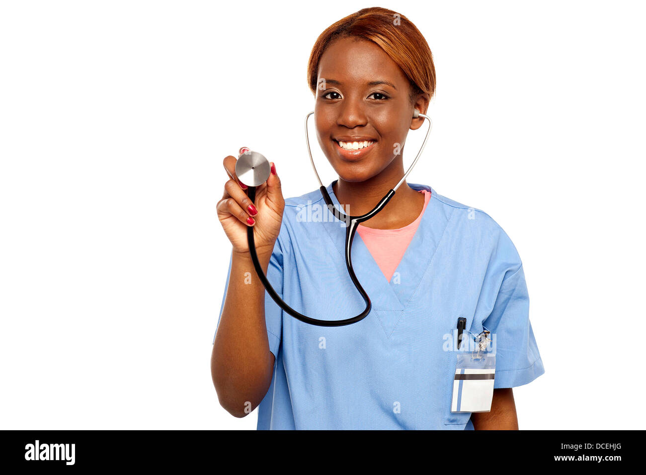 Nurse ready to examine your heartbeat. Holding stethoscope Stock Photo ...