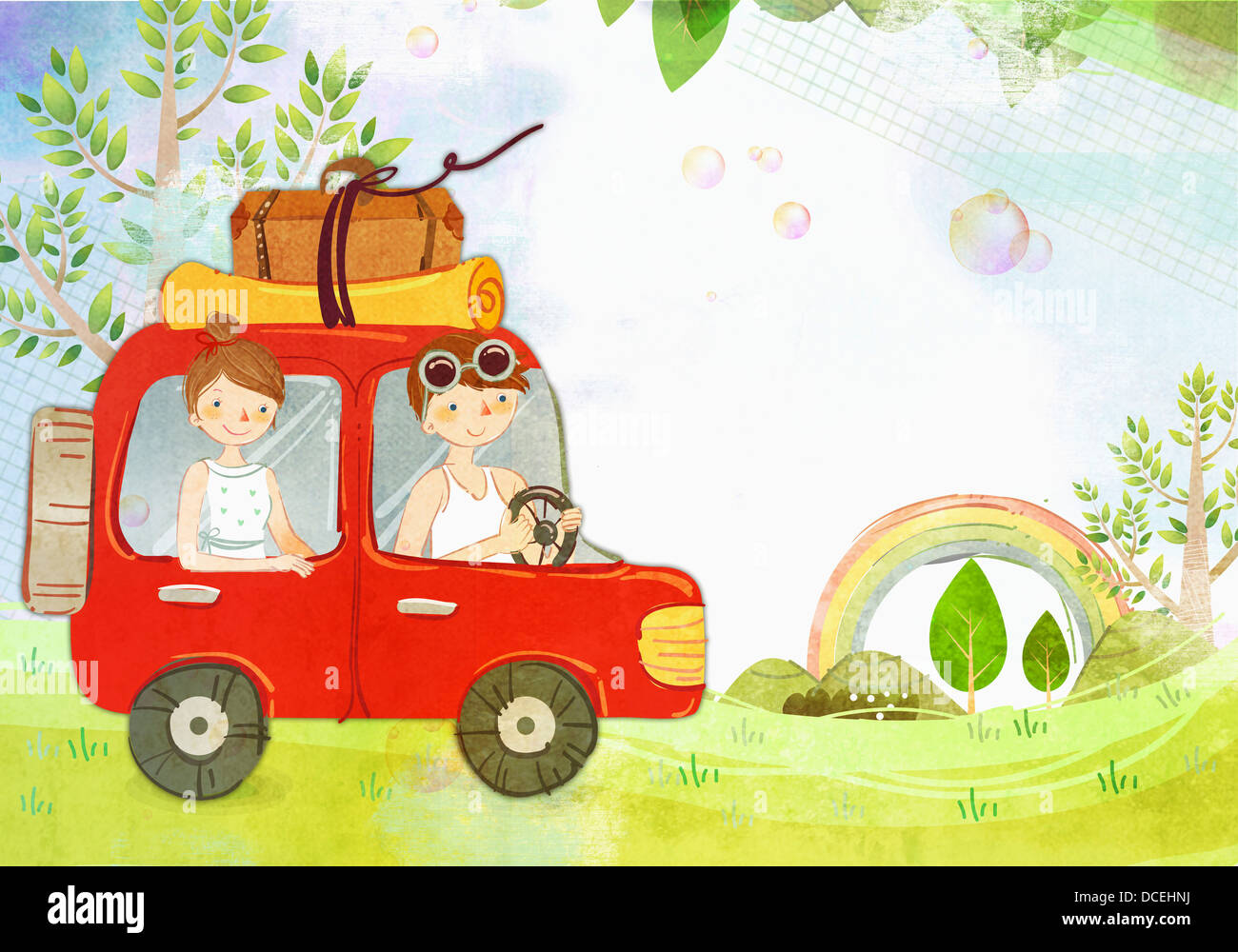 an illustration of a boy and a girl riding a car Stock Photo - Alamy