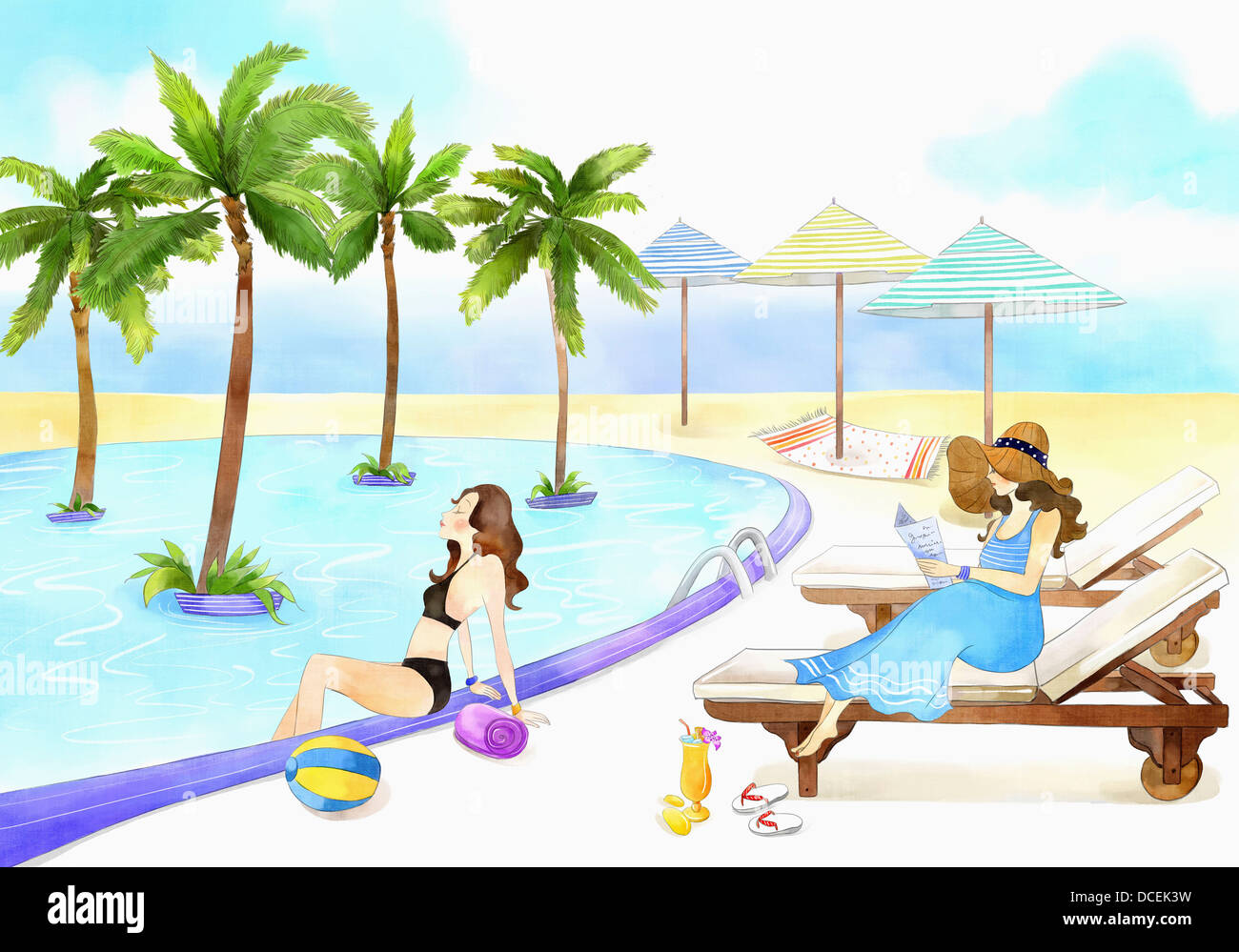 an illustration of a woman beside a pool Stock Photo - Alamy